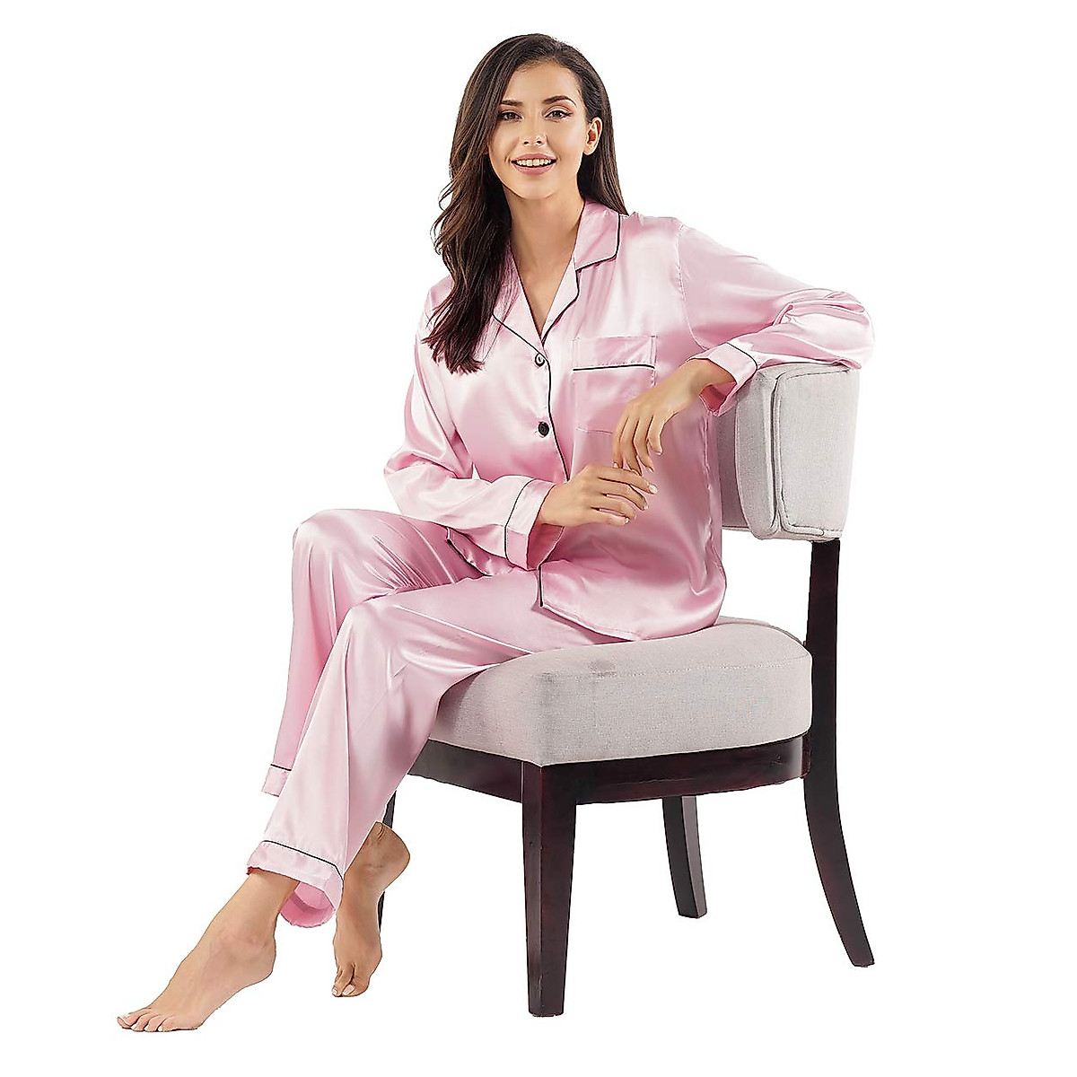 Ladieshow Silk Pjs for Women Set,Long Sleeve Button Down Sleepwear Pjs Set Loungewear Pink