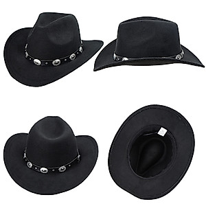 Classic Western-Cowboy-Hat for Women and Men - Wide Brim Roll Up Fedora-Hat Felt Cowboy Cowgirl Hat Fit for M-L (US, Numeric, 7, Black-3)