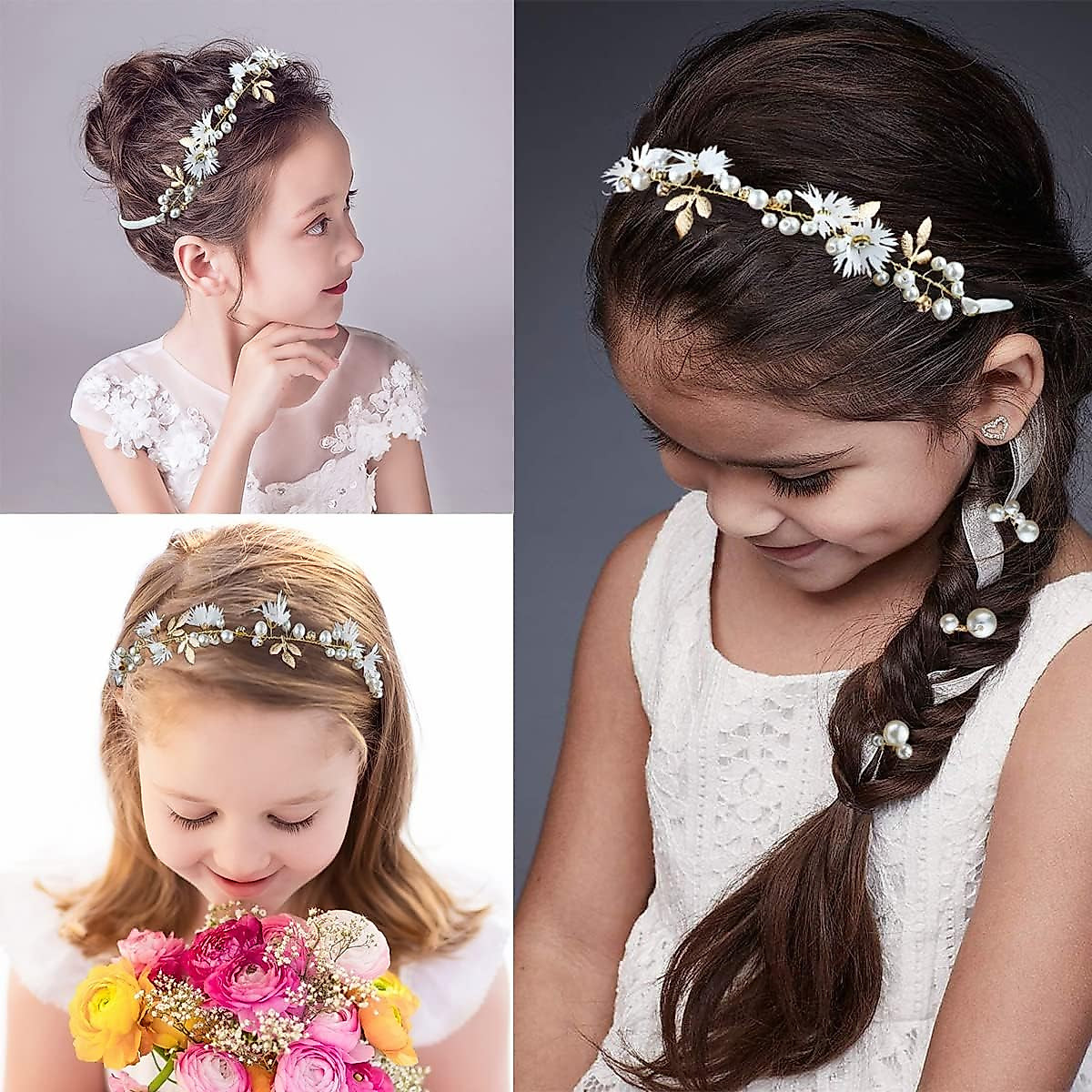 2 Pieces Bridal Hair Vines Flower Wedding Headband Princess Hair Accessories Crystal Pearls Headpiece Elegant Head bands for Bridesmaid and Flower Girls (Gold)…
