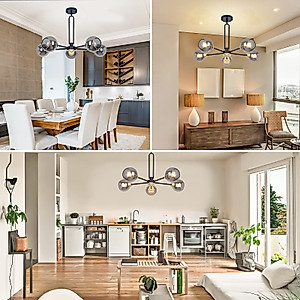 5-Light Globe Chandelier Pendant Lighting - Modern Large Semi-Flush Ceiling Light Fixture with Smoked Glass, Black Dining Room Light Fixture, Sputnik Light Fixture for Kitchen Living Room Bedroom