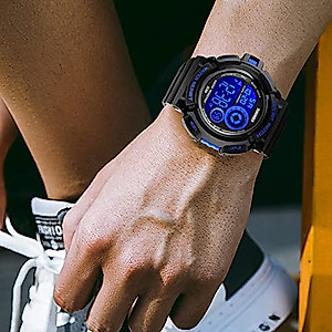 FANMIS Mens Military Multifunction Digital Watches 50M Water Resistant Electronic 7 Color LED Backlight Black Sports Watch (Blue)