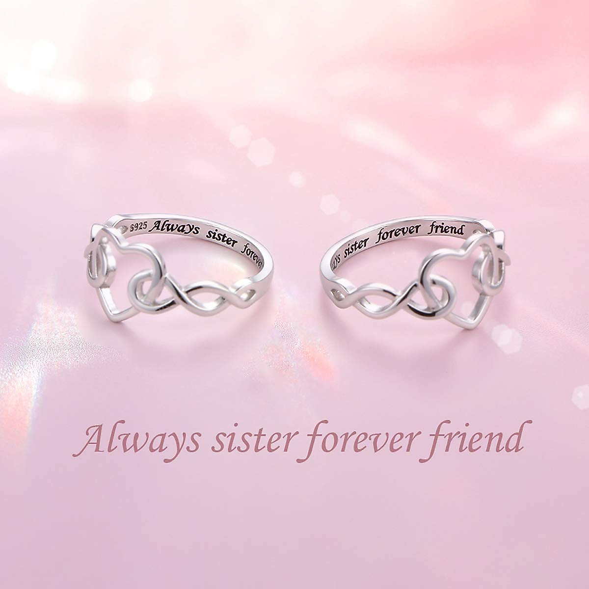 Yearace 925 Sterling Silver Engraved Always Sister Forever Friend Heart Infinity Love Knot Ring for Sister Women Siblings Birthday Gift, Size 7