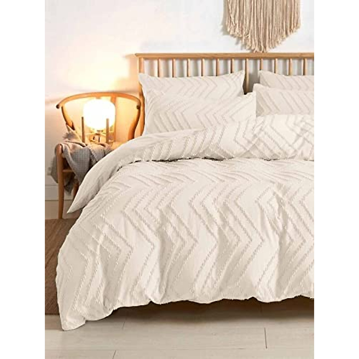 Nanko Beige Duvet Cover Full Size, 3pc Boho Tufted Microfiber Bedding Comforter Cover Set, All Season Aesthetic Shabby Chic Soft Embroidery Textured Geometric Quilt Cover (80x90)