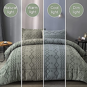 WONGS BEDDING Green Tufted Comforter Set Full Size (80×90 inches), Boho Shabby Chic Comforter Geometry Embroidery Bedding Set 3 Pieces Soft Microfiber Comforter for All Seasons