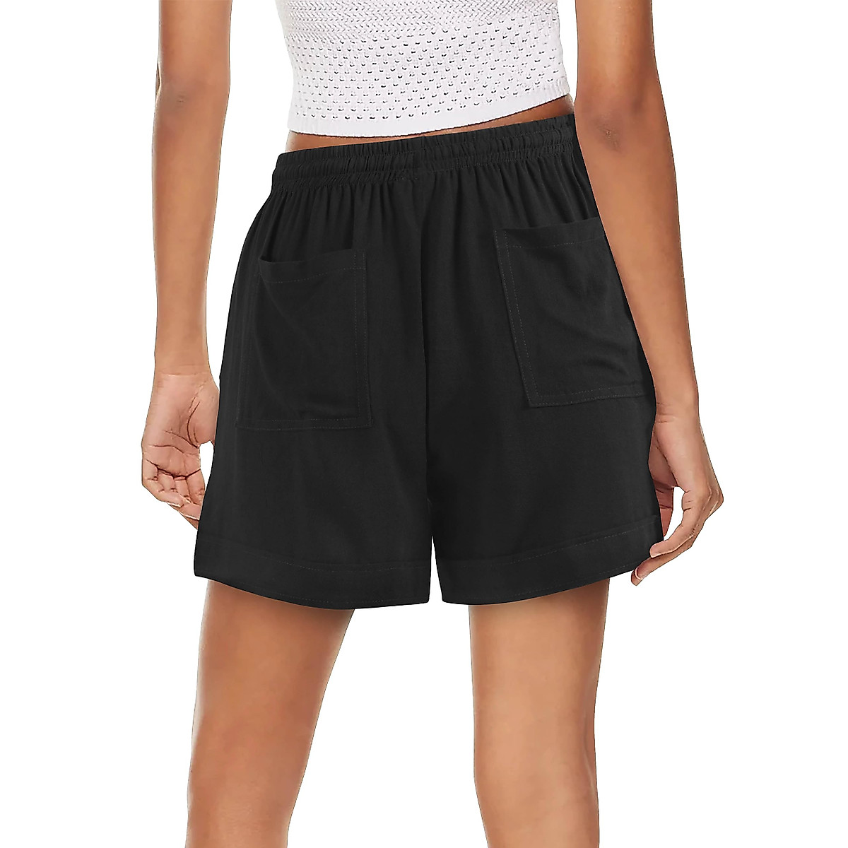 Womens Linen Shorts with Elastic Waistband Comfort Fit Skinsoft Summer Shorts (Large, 3bh05_Black)