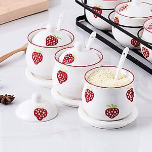 Mathew Hand-painted Strawberry Ceramic Seasoning Jar Condiment Pot Sugar Bowl with Lid and Spoon