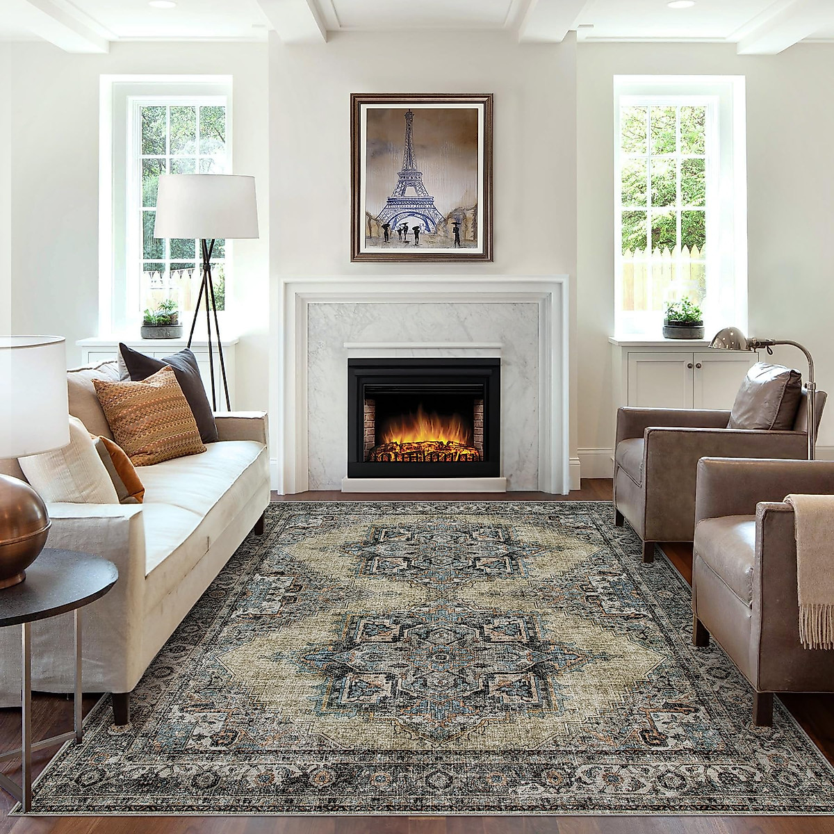 Area Rug Living Room Rugs, 8x10 Machine Washable Rug, Boho Large Rug with Non-Slip Rubber Backing, Non-Shedding Stain Resistant, Indoor Carpet for Bedroom Dining Room Nursery Home Office (Gray/Beige)