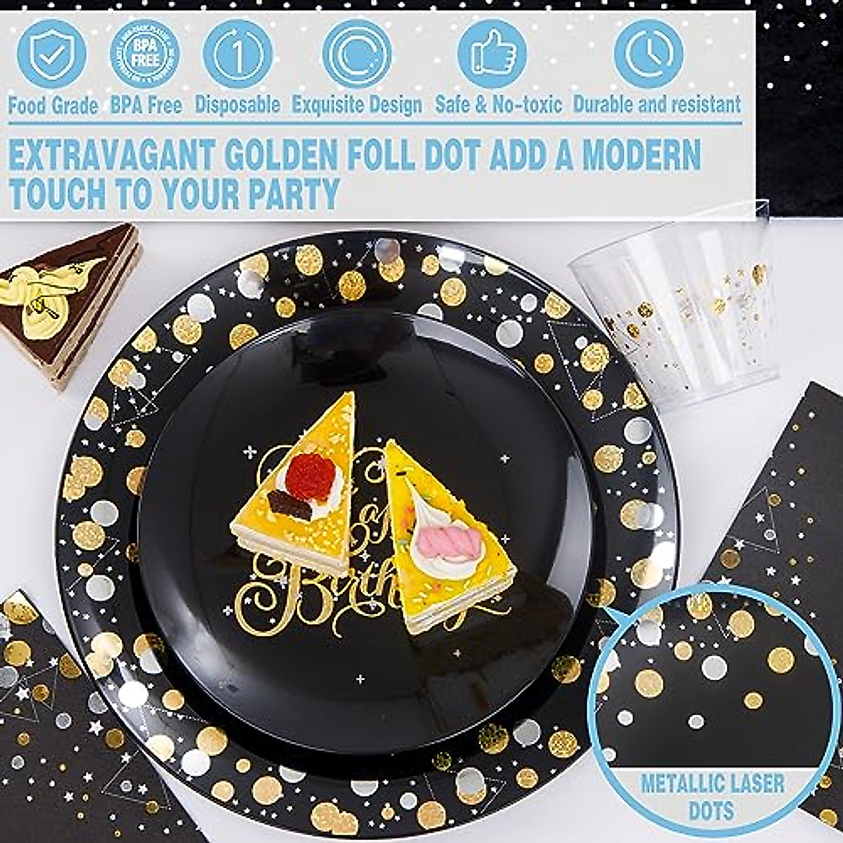 Nervure 175PCS Happy Birthday Plates - Black Plastic Plates with Gold & Silver Dot Include 25 Dinner Plates, 25 Dessert Plates, 75 Plastic Silverware, 25 Cups, 25 Napkins for Birthday & Party