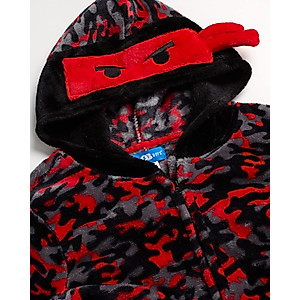 ONLY BOYS’ Fleece Hooded One Piece Pajama Costume - Sharks Dino Cyclopes Sloth (6-14), Size 12-14, Red/Black Camo Ninja