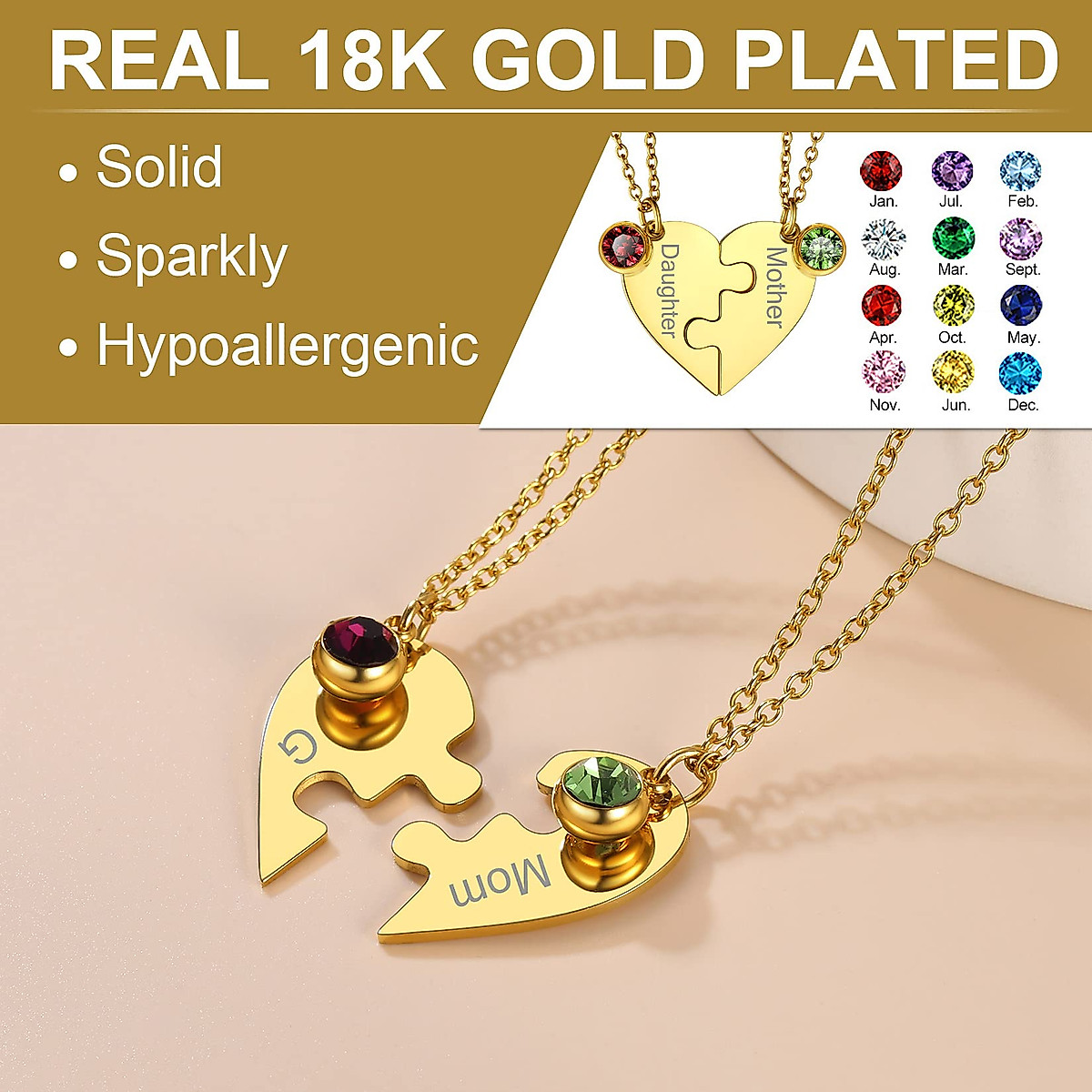 GOLDCHIC JEWELRY Gold Split Necklaces For Couples, Personalised Engraved Birthstones Matching Heart Pendant For 2