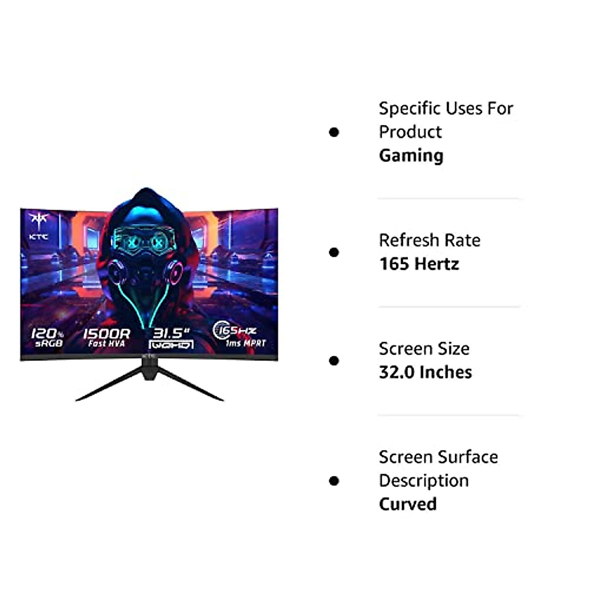 KTC 32 inch Curved Gaming Monitor, 2K 170Hz Monitor, 1440P 144Hz Monitor, 1500R Frameless, 1ms, HDR, FreeSync Premium, DisplayPort/HDMI/USB, VESA Wall Mount, PC Monitor, H32S17