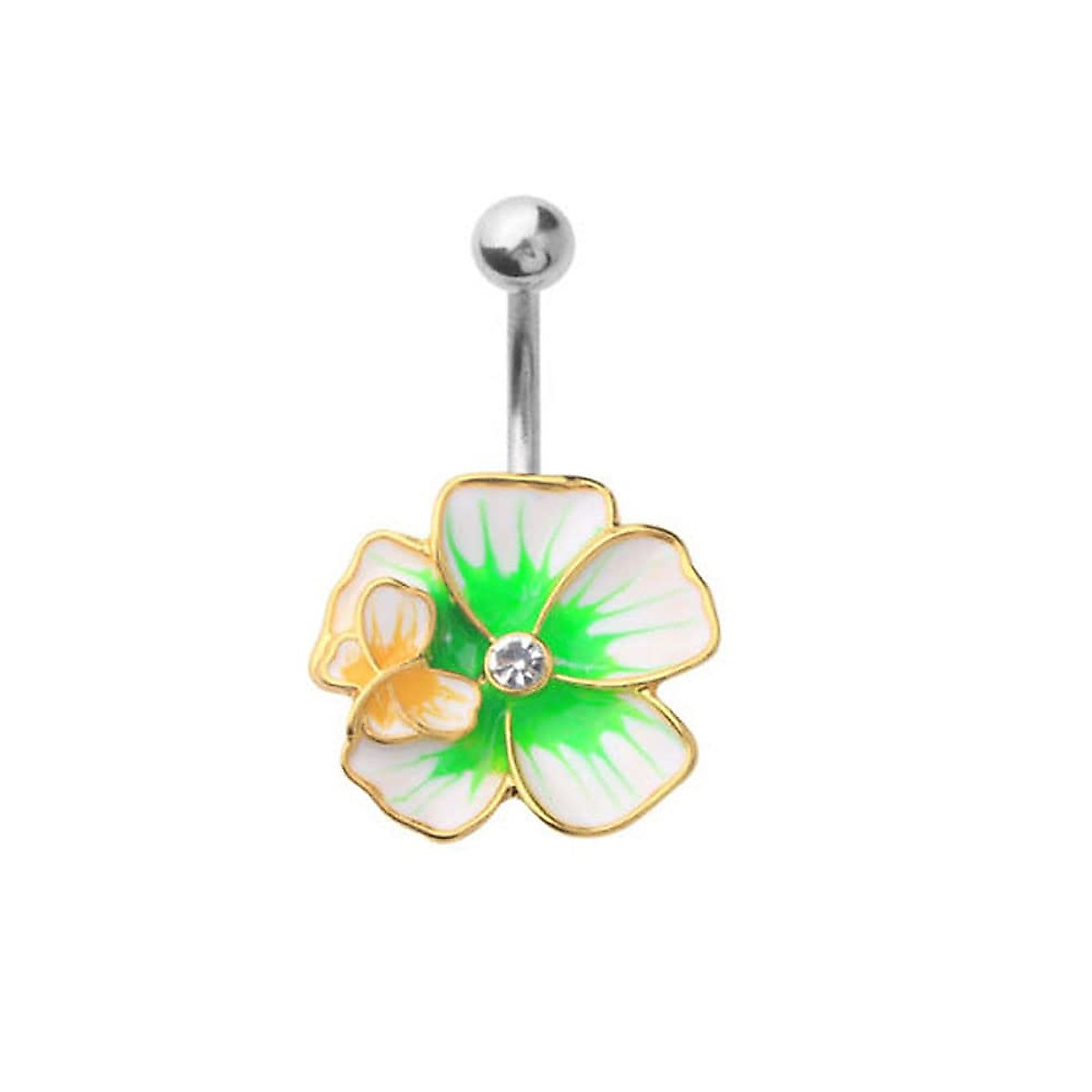 5 - Assorted Set 14 Gauge 3/8 Inch 316L Surgical Steel Barbell Belly Button Navel Rings Dangles Butterfly Hibiscus CZ Flower B630 Color Yellow Purple Blue Pink Green
