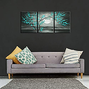 iKNOW FOTO 3pcs Grey and Teal Floral Canvas Prints Framed Plum Blossom Tree Oil Painting Printed on Canvas Gallery Wrapped Full Moon Flower Pictures Living Room Traditional Paintings 12x16x3pcs