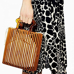 Womens Fashion Bamboo Bag with Acrylic Handle Bucket Bag Summer Beach Clutch Purse Handbags