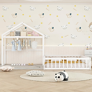 Merax Full Size Montessori Floor Bed with Fence and Door for Children Girls Boys, Wood Bed Frame with Full-Length Guardrails and Detachable House-Shaped Headboard,No Weight Limit, Kids Playroom, White