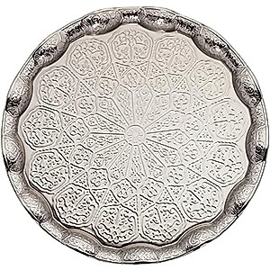 HAVLULAND Decorative Metal Serving Tray Round 14" Round Tea Trays Bathroom Organizer Vanity Tray Marble Tray Bar Trays Vintage Tray Coffee Serving Trays - Silver