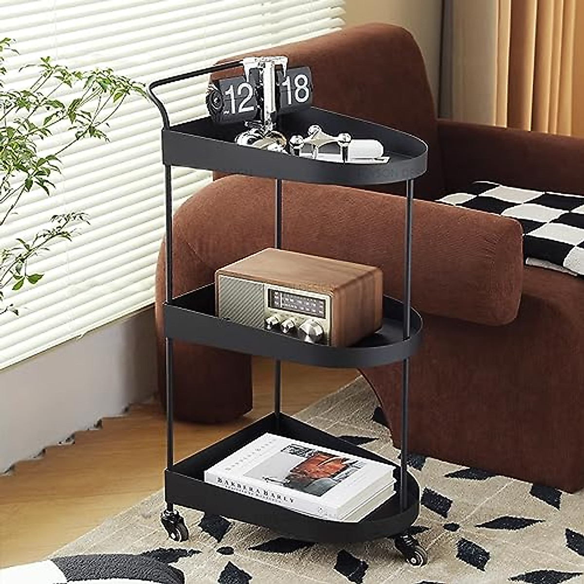 VLOBAOM Modern Serving Bar Cart, 3-Tier Storage Rolling Cart, Side Table with Wheels, Organizer Utility Rolling Cart Mobile Shelving Unit,15''Dx9''Wx31''H,Black