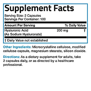 Bronson Hyaluronic Acid 200 MG High Potency Joint Health & Healthy Skin Support, Non-GMO, 200 Vegetarian Capsules