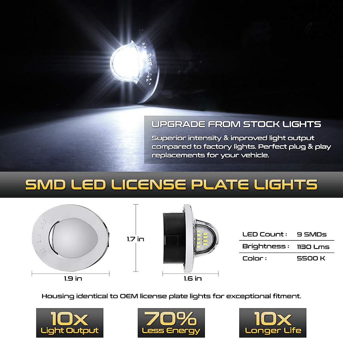 VIPMOTOZ Pure White SMD LED Chrome License Plate Light Tag Lamp Assembly Replacement For Ford F150 F250 F350 Super Duty Ranger Pickup Truck Explorer Bronco Excursion Expedition