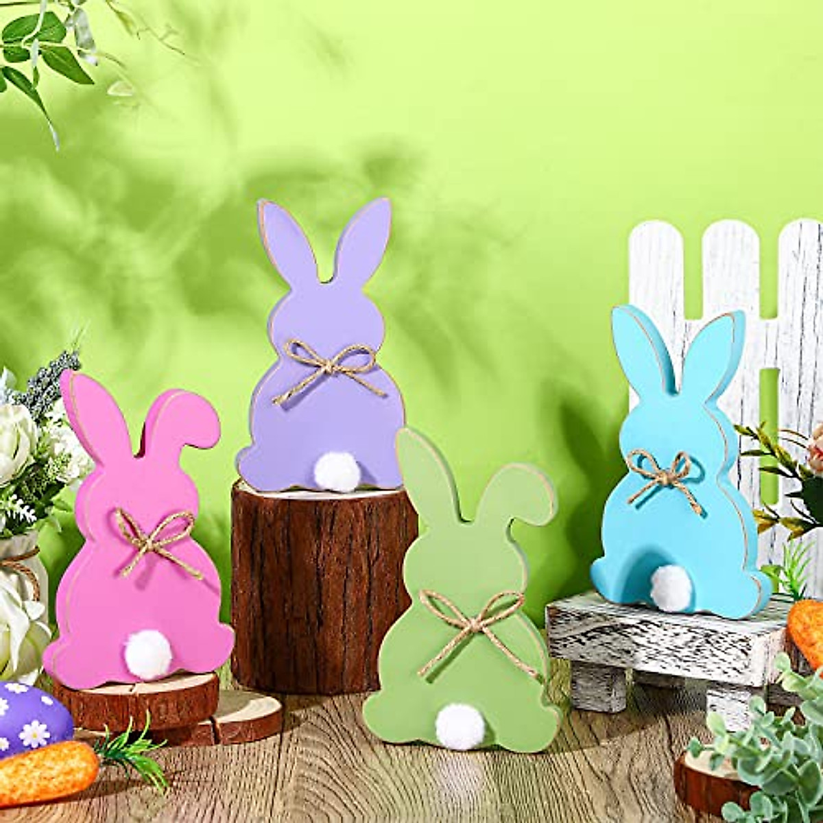 4 Pieces Easter Table Decorations Bunny Wooden Sign Spring Rabbit Wood Tabletop Block Freestanding Easter Tiered Tray Decor with Rope and Fluffy Tail Easter Decorations for Home Table Room Decor