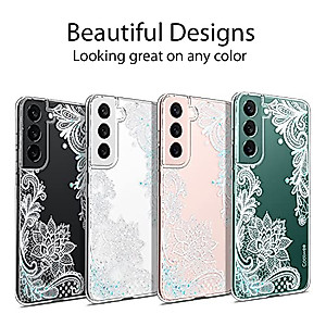 Coolwee Clear Glitter for Galaxy S22, 6.1 inch, Thin Flower Slim Cute Crystal Lace Bling Shiny for Women Girls Floral Plastic Hard Back Soft TPU Bumper Protective Cover for Samsung S22 Mandala Henna