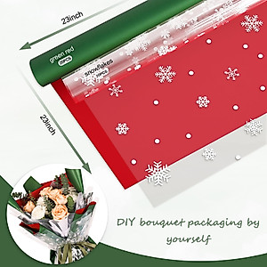 Whaline 40Pcs Christmas Flower Wrapping Papers Double Color Red Green Floral Packaging Papers with Snowflakes Cellophane Florist Bouquet Wrapping Papers, 23 x 23 Inch