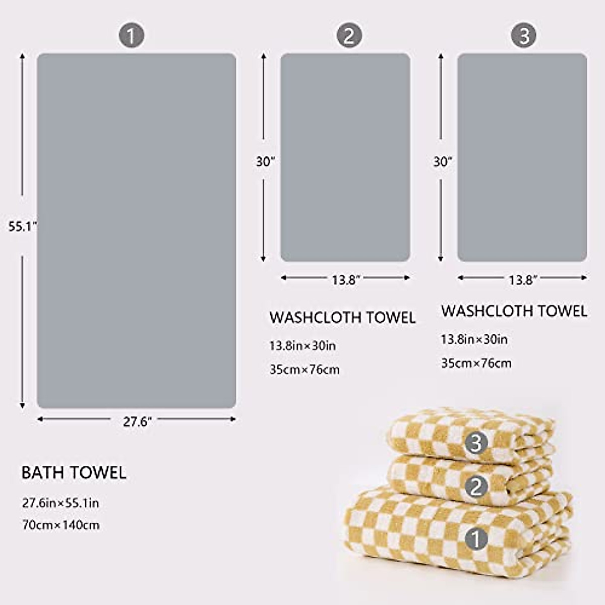 IDORESPELL Luxury Bath Towel Sets Yellow White Checkered Large Ultra Soft 100% Cotton Classic Checkerboard 1 Bath Towels Sheets 2 Hand Towels Highly Absorbent for Adults Girl Face Body (Yellow)