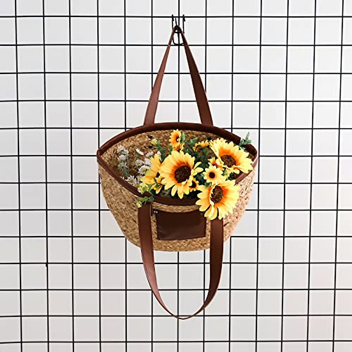 YAHUAN Woven Straw Bag Seagrass Tote Handbag with Leather Pocket Handmade Beach Bag for Women for Shopping & Vacation (Original)