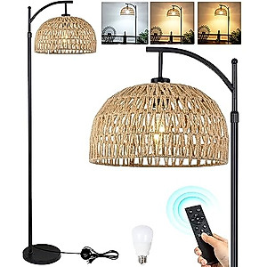 QIYIZM Floor Lamp for Living Room Bedroom Farmhouse Rattan Standing Lamp with Control,Wicker Black Industrial Dimmable Floor Light Rustic Adjustable Tall Lamp,Boho Bamboo Lamp Shade Floor Lamps