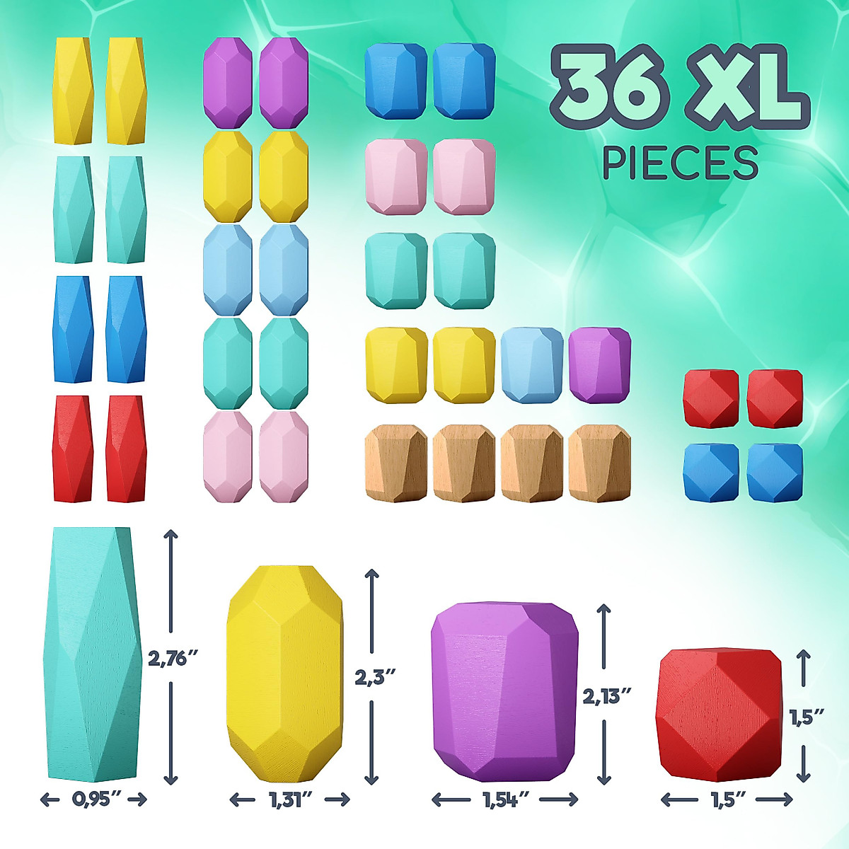 EVERSMART 36 Pcs Wooden Stacking Blocks – Montessori Toys for 1 2 3 4 5 6 Year Old Toddlers and Kids, XXL Rocks, No Choking Hazard – Sensory STEM Building Stones, Girl or Boy Birthday Gifts