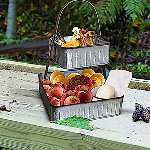 Colonial Tin Works Rustic Industrial Farmhouse Chic Two Tiered Corrugated Square Tray,Grey (Galvanized Grey)