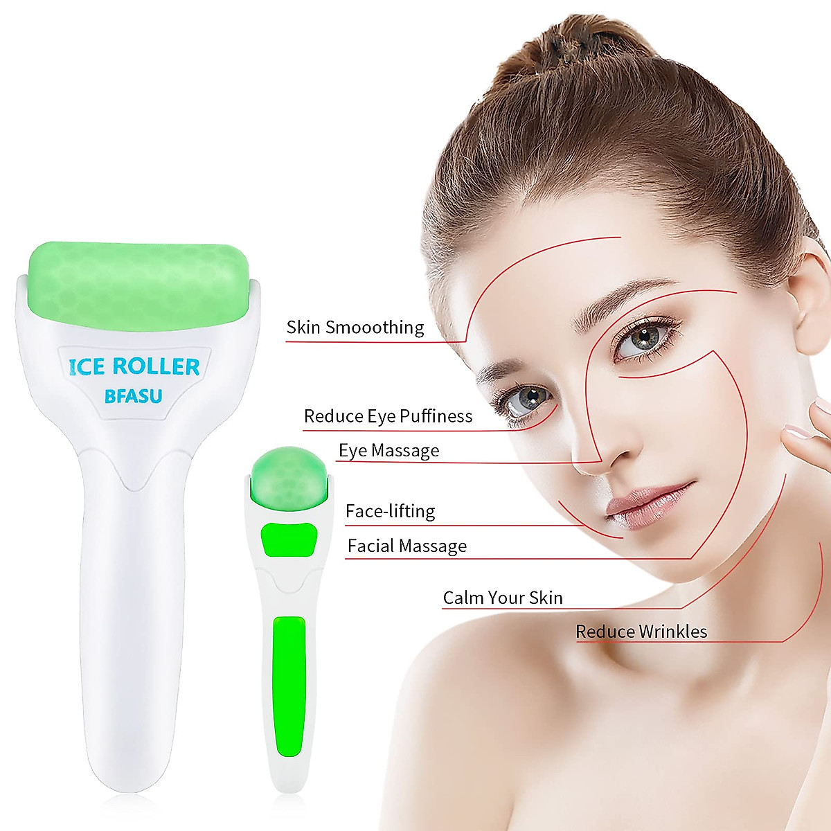 BFASU Ice Roller, Face Roller 2 PCS, Massage Tools with Mini Roller for Eye, Face and Body, Relax and Alleviate Puffiness Fine Lines Minor Pain (Green)