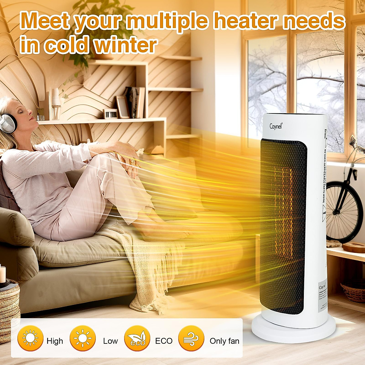 CAYNEL Home Oscillating Tower Ceramic Heater with Adjustable Thermostat, 12-Hour Timer and Safety Lock, Tip-Off Switch and Overheat Protection for Home and Home Office Areas, White