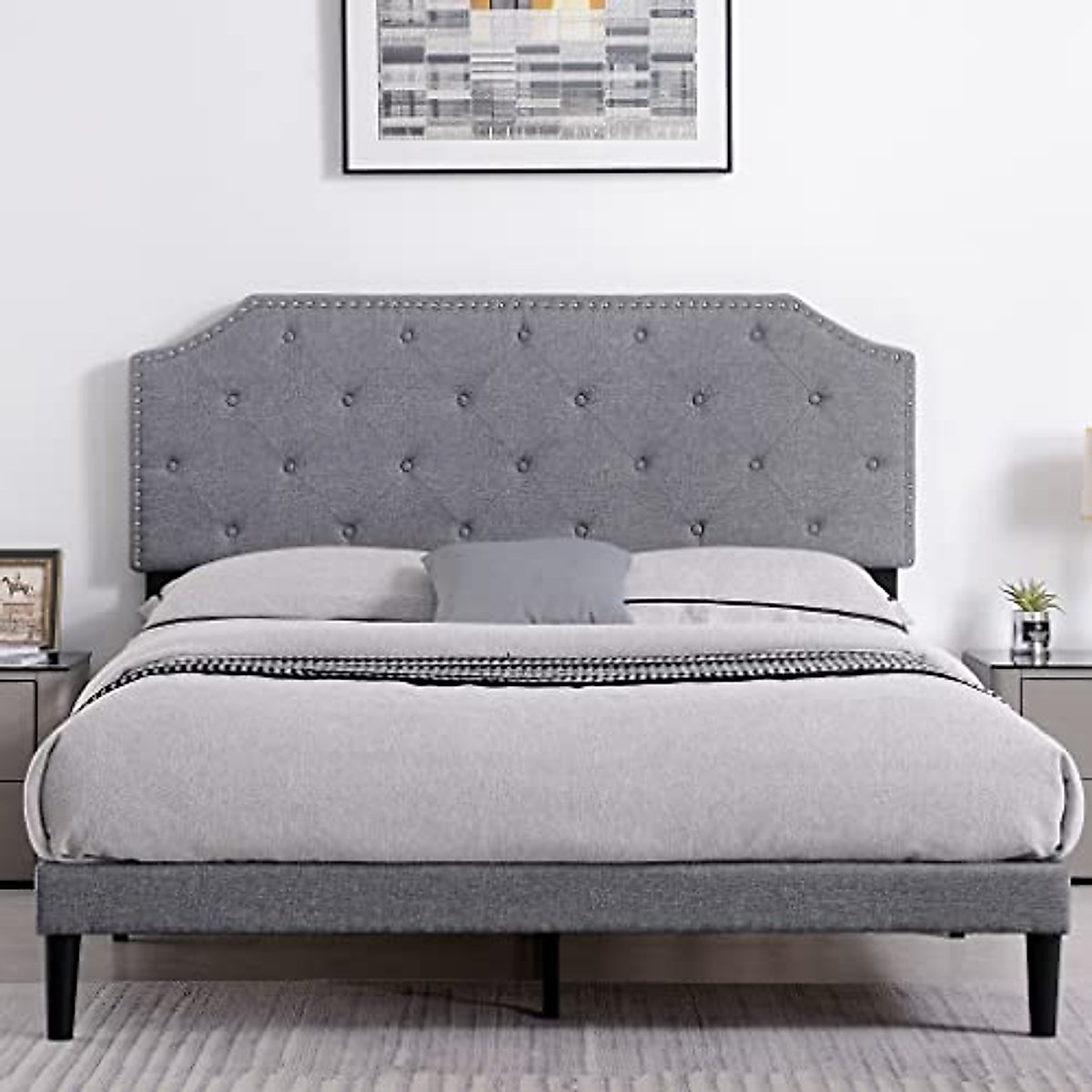 QZhommer Full Size Bed Frame, Modern Upholstered Platform Bed with Adjustable Button Tufted & Riveted Headboard with Wood Slat Support, Easy Assembly, No Box Spring Needed(Grey)