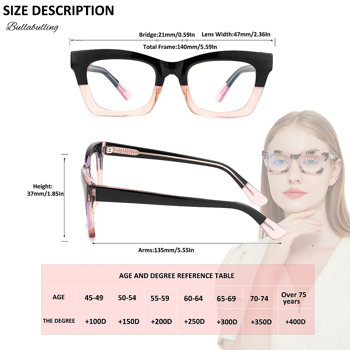 bullabulling Retro Square Reading Glasses For Women Men Fashion Oversized Frame Large lens 2.05inches (black/tortoise/blackpink, 1.5)