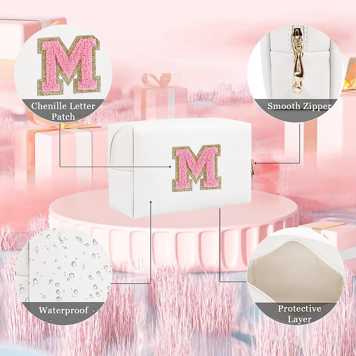 Small Personalized Letter Makeup Bag, Cute PU Leather Chenille Letters Cosmetic Bag Travel Makeup Bag, Preppy Makeup Pouch Travel Organizer Zipper Pouch Organizer for Women and Girls(WhitePink-M)