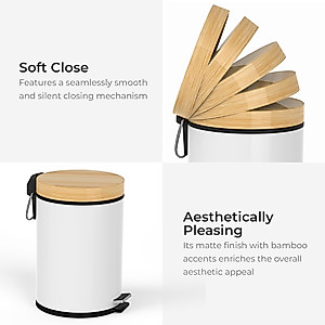 Bathroom Trash Can with Bamboo Lid, 5 Liter – 1.32 Gallon Soft Close Kitchen Trash Can - Removable Liner, Foot Pedal, Steel Construction, Anti-Slip Garbage Can – Small Trash Bin for Bedroom & Office