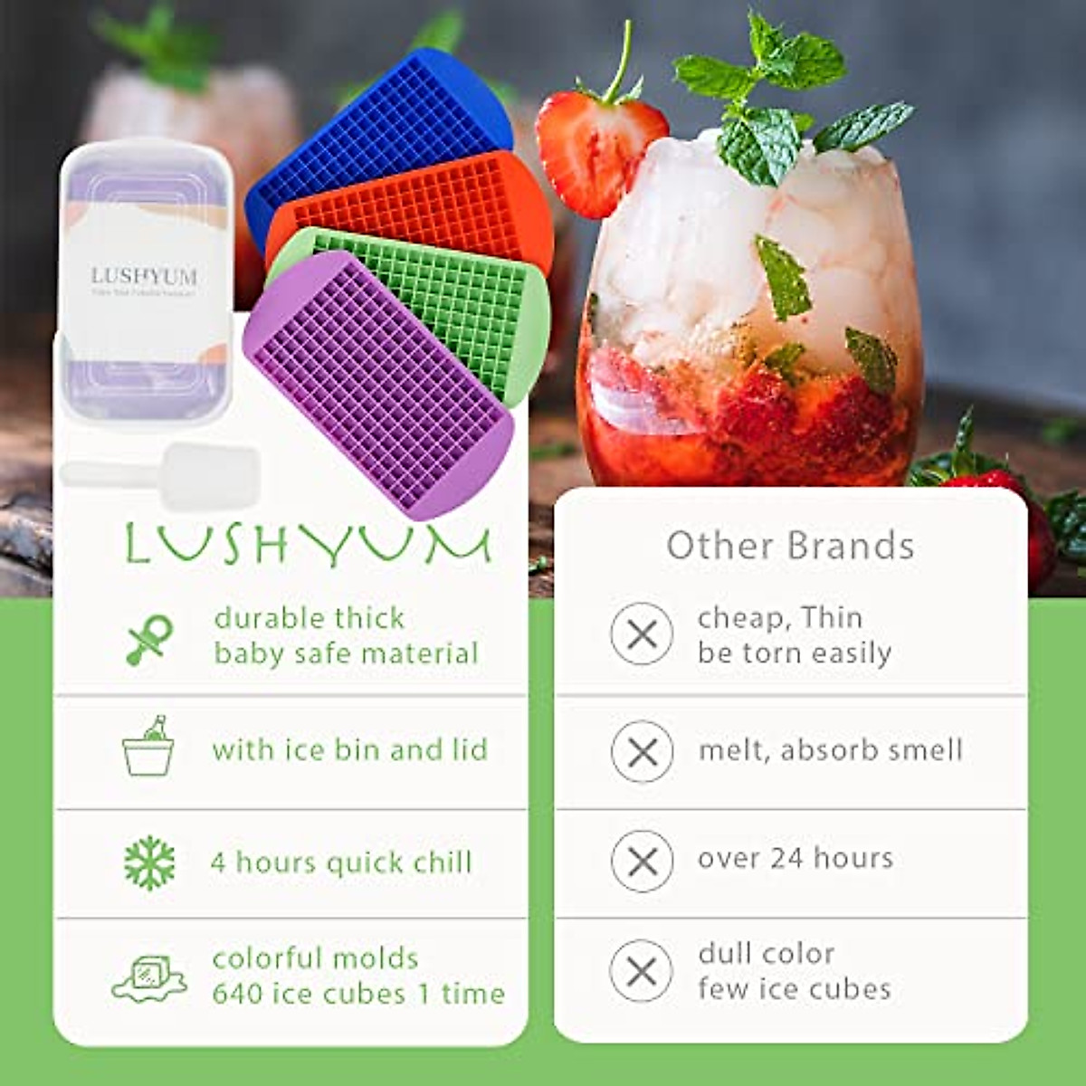 Mini Ice Cube Trays Silicone With Bin for Freezer, 4 Pack 640 Chewy Small Ice 6PCS Set, Tiny Crushed Ice Maker Molds for Chilling Coffee Juice Cocktail Whisky Boba, With Storage Box & Ice Scoop