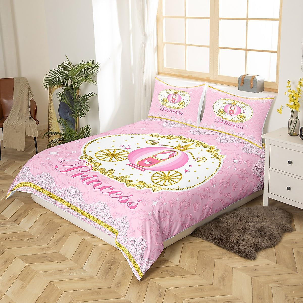 Princess Style Duvet Cover,Children Pink Luxury Bedding Set,Carriage Comforter Cover for Girls Kids Room Decor,Women Cute Cartoon Lightweight Bedspread Cover Queen Size with 2 Pillow Cases