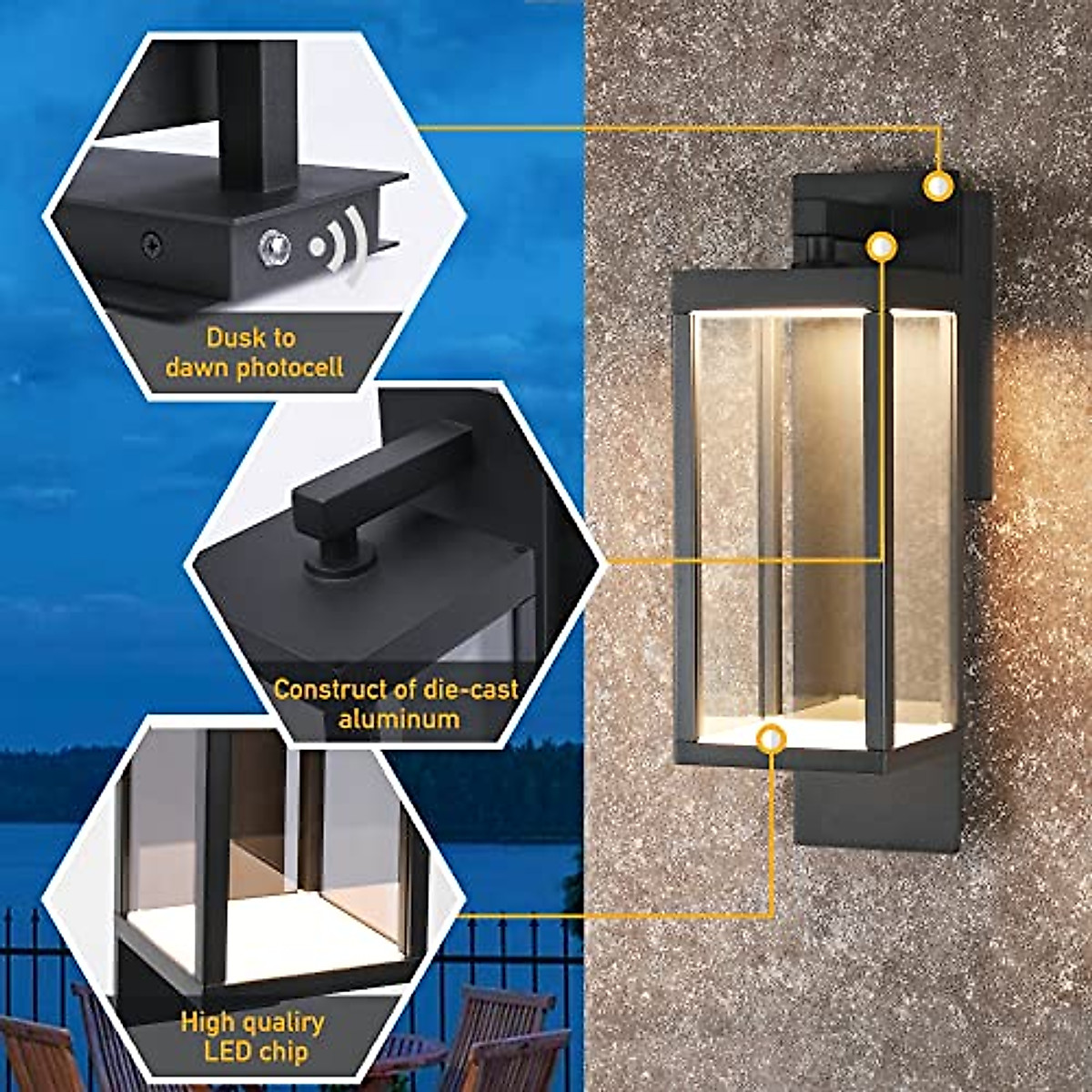Inowel Outdoor Wall Sconce Lantern Dusk to Dawn Sensor LED Exterior Light Fixture IP54 Waterproof Classic Wall Light Aluminum Wall Mount Lamp Lighting for Porch Front Door Garden 13W 800Lm 3000K