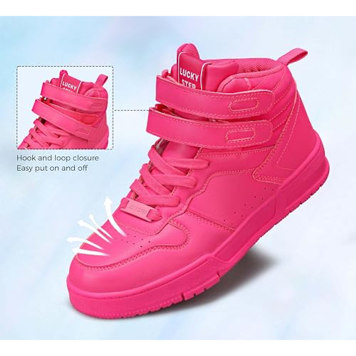 LUCKY STEP Women's High Top Fashion Sneakers Basketball Ankle Boots Walking Tennis Shoes Platform Hook and Loop Casual Faux Leather Sneaker(Hot Pink,8B(M) US)