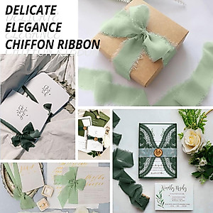 HTVRONT Chiffon Silk Ribbon 1.5" x 7Yd Soft Handmade Fringe Frayed Edged Baby Shower Bridal Bouquets Wedding Invitation Decor (Cream & Green)