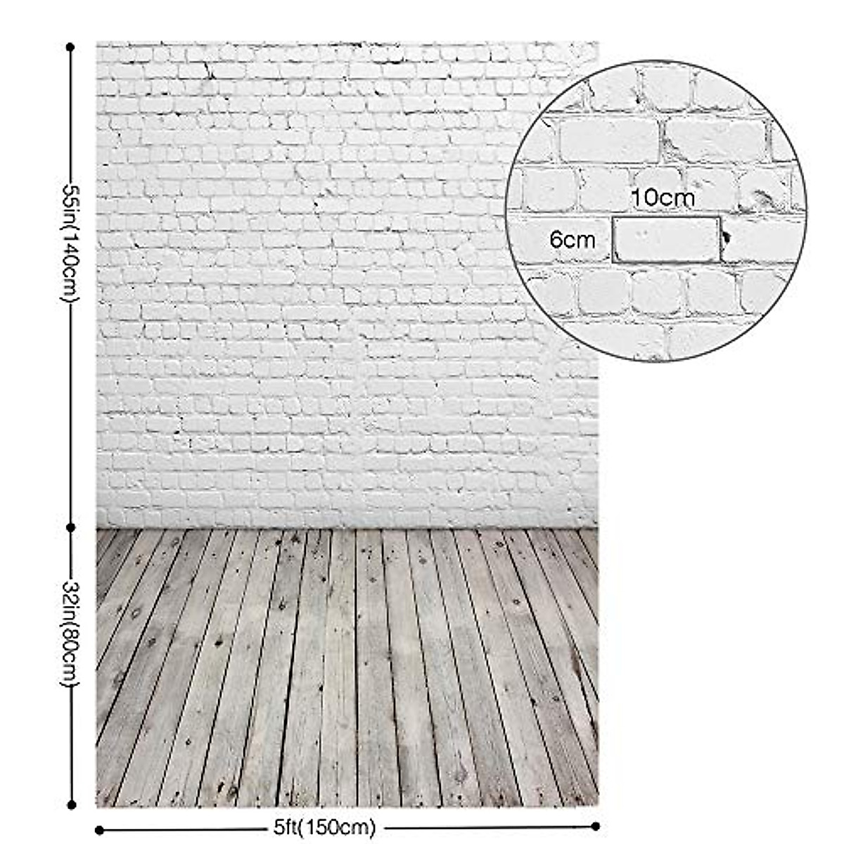 HUAYI 5X7ft White Brick Wall With Gray Wooden Floor Photography Vinyl Backdrop D-2504