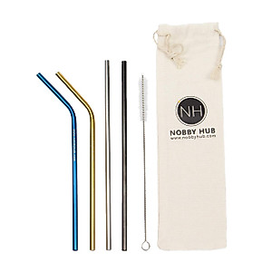 Reusable Stainless Steel Drinking Straws, Set of 4, 2 bent, 2 straight, all different colored, in Cloth Bag, and Free Cleaning brush, Help save the environment