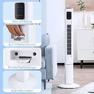 LDAILY 48 Inch Oscillating Tower Fan, Quiet Powerful Bladeless Fan with 3 Speeds, 3 Modes, Remote Control, 15H Timer, LED Display, Floor Standing Household Fan for Bedroom Living Room Office