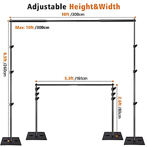 HYJ-INC Pipe and Drape Photography Backdrop Stand Kit Adjustable Photo Background Stand 10ft x 8.5ft with Metal Base for Parties Weddings Birthday Party Events Photo Booth with 4 Clamps,Carrying Bag.