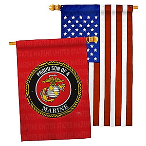 Breeze Decor Proud Son House Flag Pack Armed Forces Marine Corps USMC Semper Fi United State American Military Veteran Retire Official Applique Banner Small Garden Yard Gift Double-Sided, Made in USA