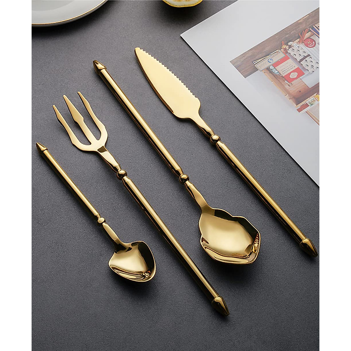Gold Silverware Set for 16 Durable 18/10 Stainless Steel Flatware Set Creative Styles 64 Piece Modern Cutlery Tableware Utensils Set for Home Kitchen Wedding Restaurant Knives forks and Spoons (Color