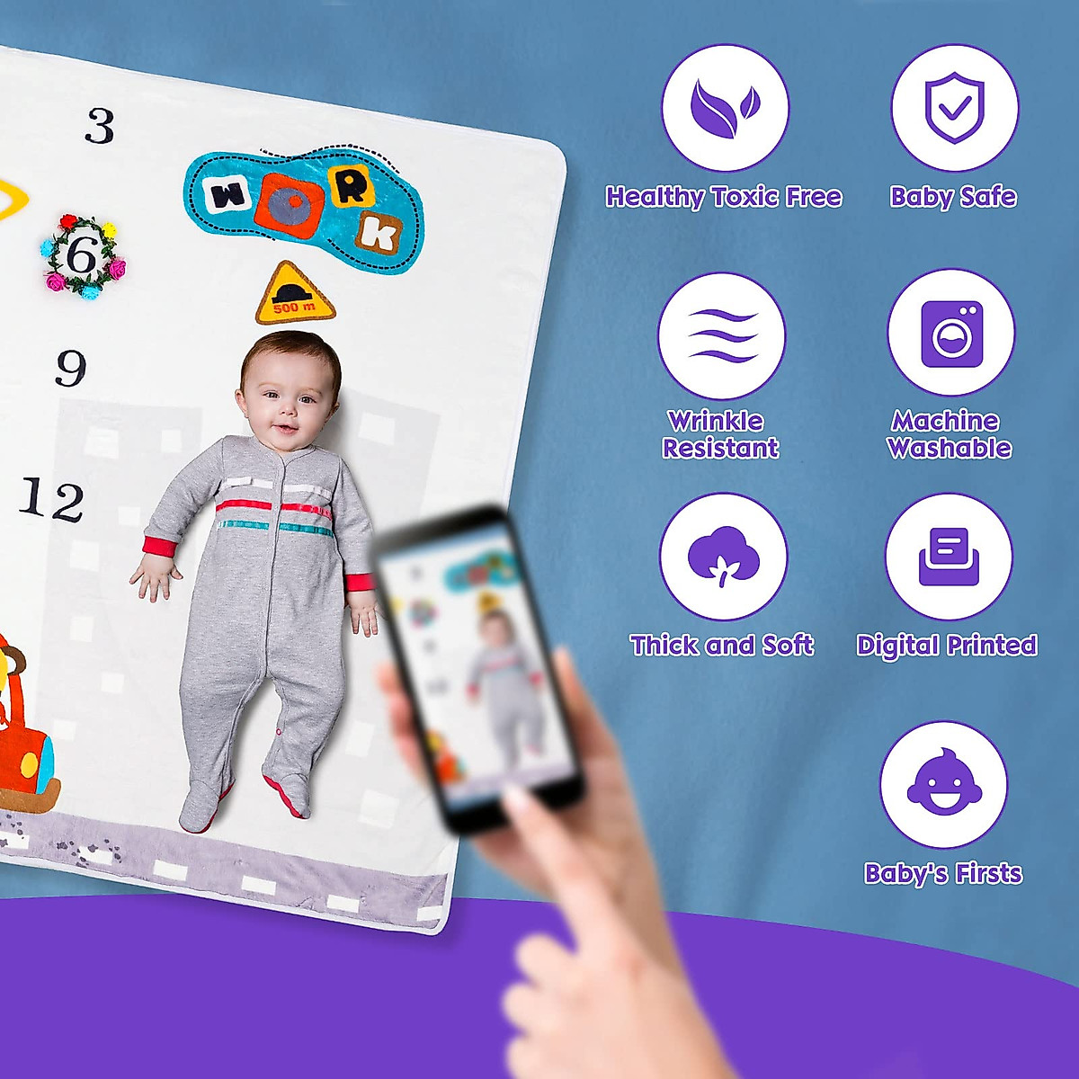 Baby Monthly Milestone Blanket 58.5''x 40'' Baby Blanket with Month Marker Frame Newborn First Year Growth Mat Great Photo Background Gift for Baby