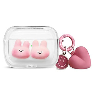 Woyinger Airpods Pro Case Cover with Keychain,Cute Kawaii Cartoon 3D Stereoscopic Pink Rabbit Head Clear Soft TPU Full Protection Shockproof Charging Case Cover Airpods Pro Case.